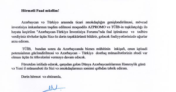 TƏŞƏKKÜR MƏKTUBU – Milli Aerokosmik Agentliyi